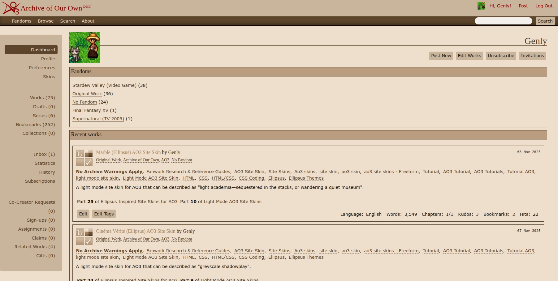 Sepia (Ellipsus) AO3 Site Skin - Geekly - Multifandom [Archive of Our Own]